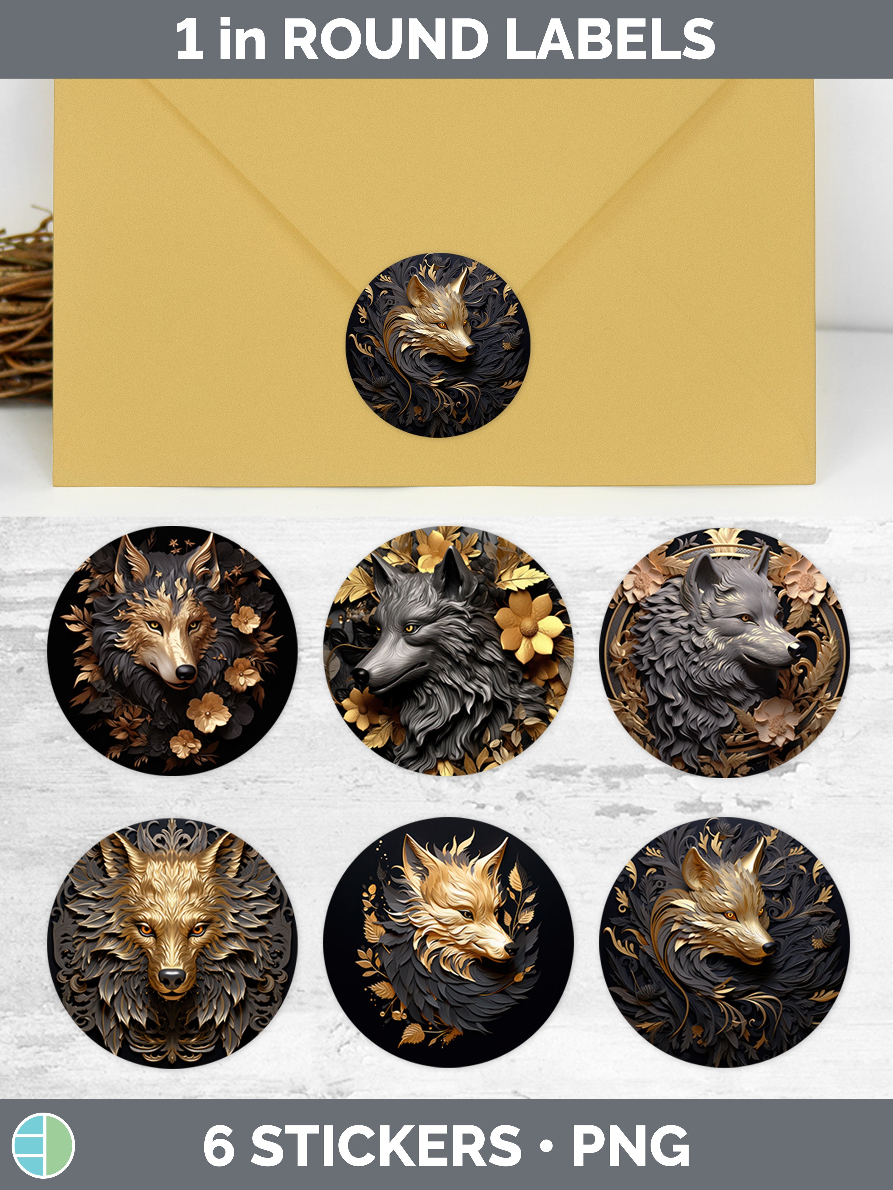 3D Black and Gold Wolf Stickers | Round Labels Designs Bundl