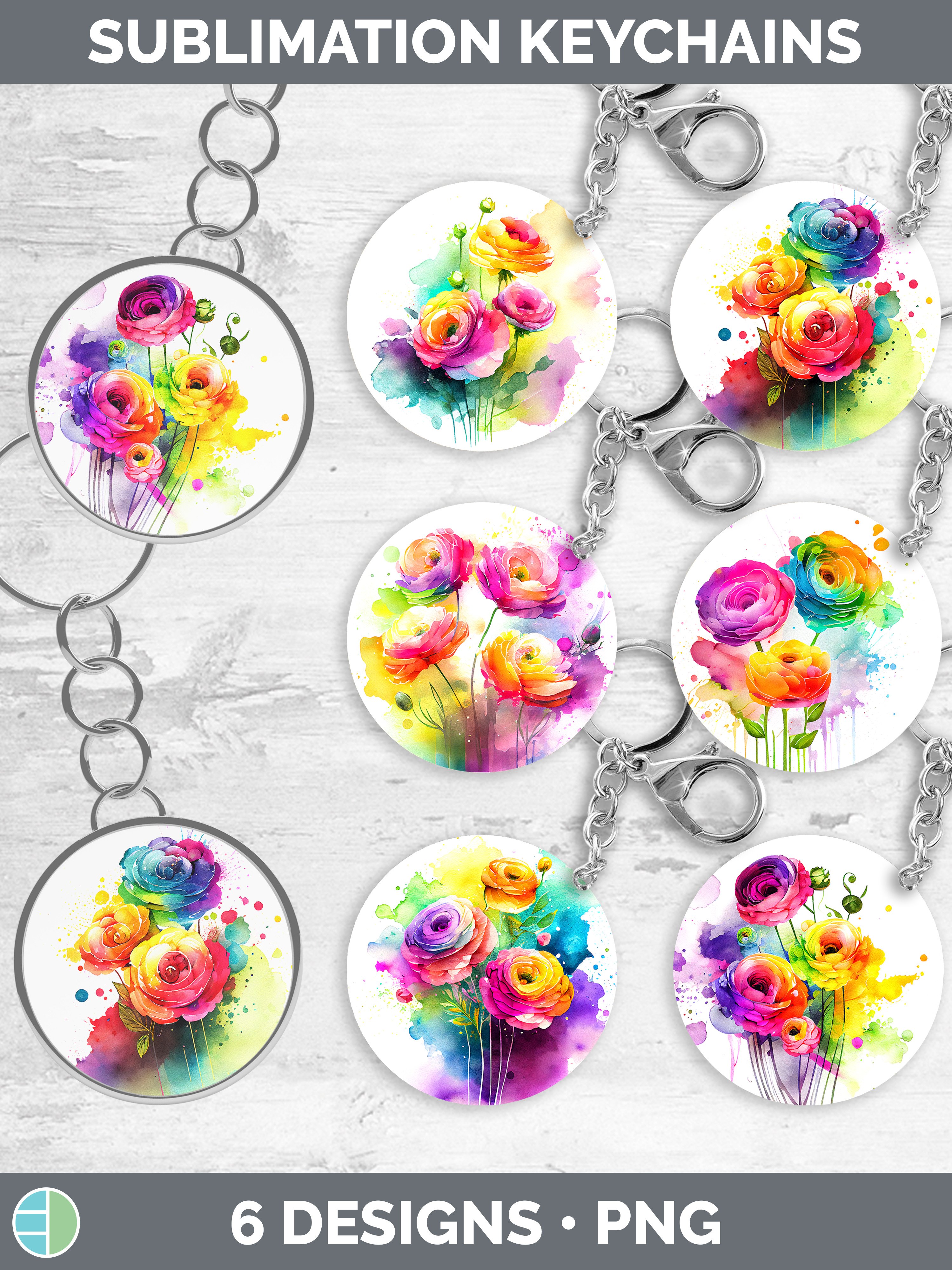 Rainbow Ranunculus Flowers Keychain | Sublimation Keyring De