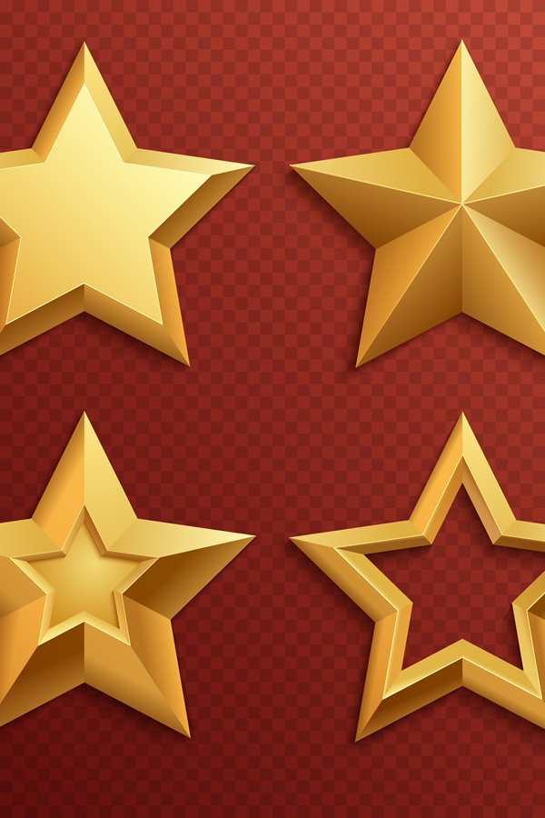 Realistic metal golden stars isolated for rating and holiday