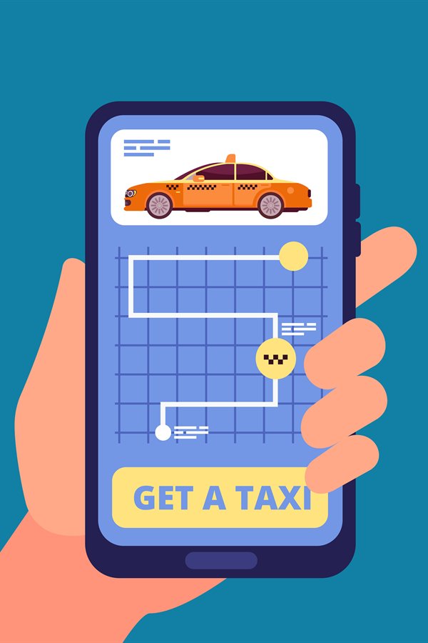 Taxi app concept. Hand holding smartphone with taxi applicat