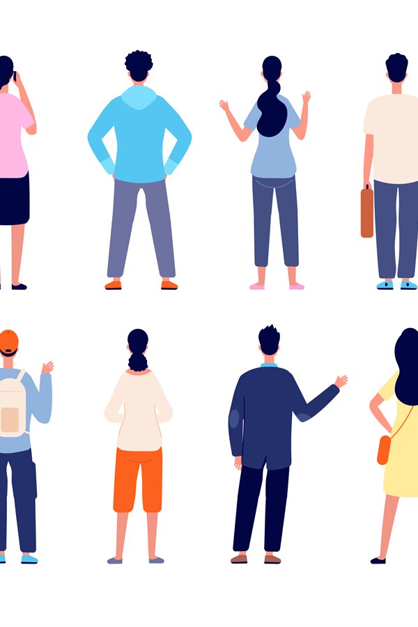 People back view. Man standing, isolated persons from backs.