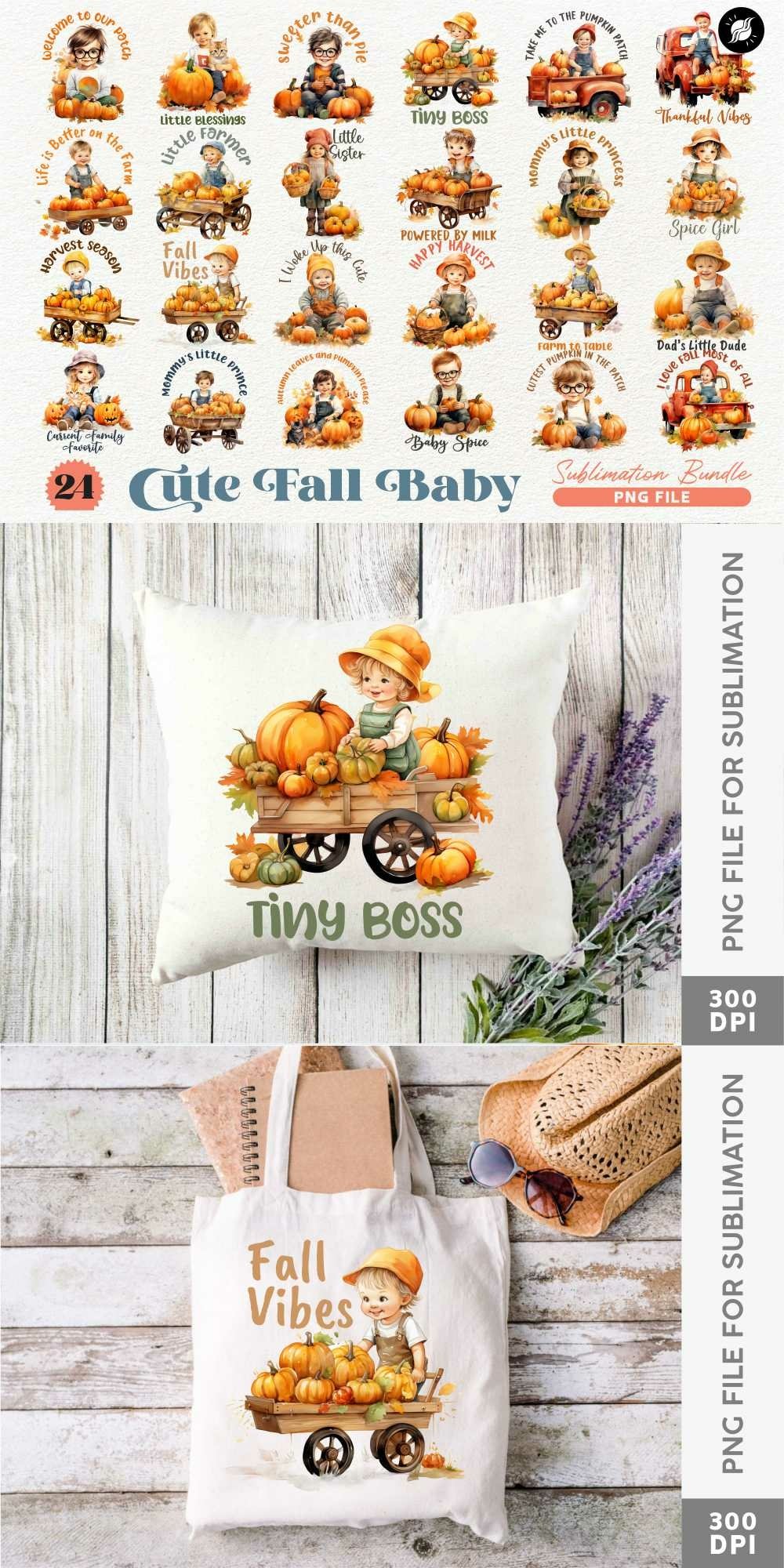 Cute Fall Baby on the Farm Sublimation Designs PNG Bundle