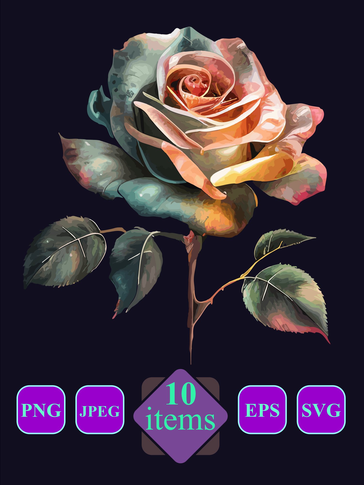 Rose Watercolor Sublimation Bundle Clipart PNG SVG EPS