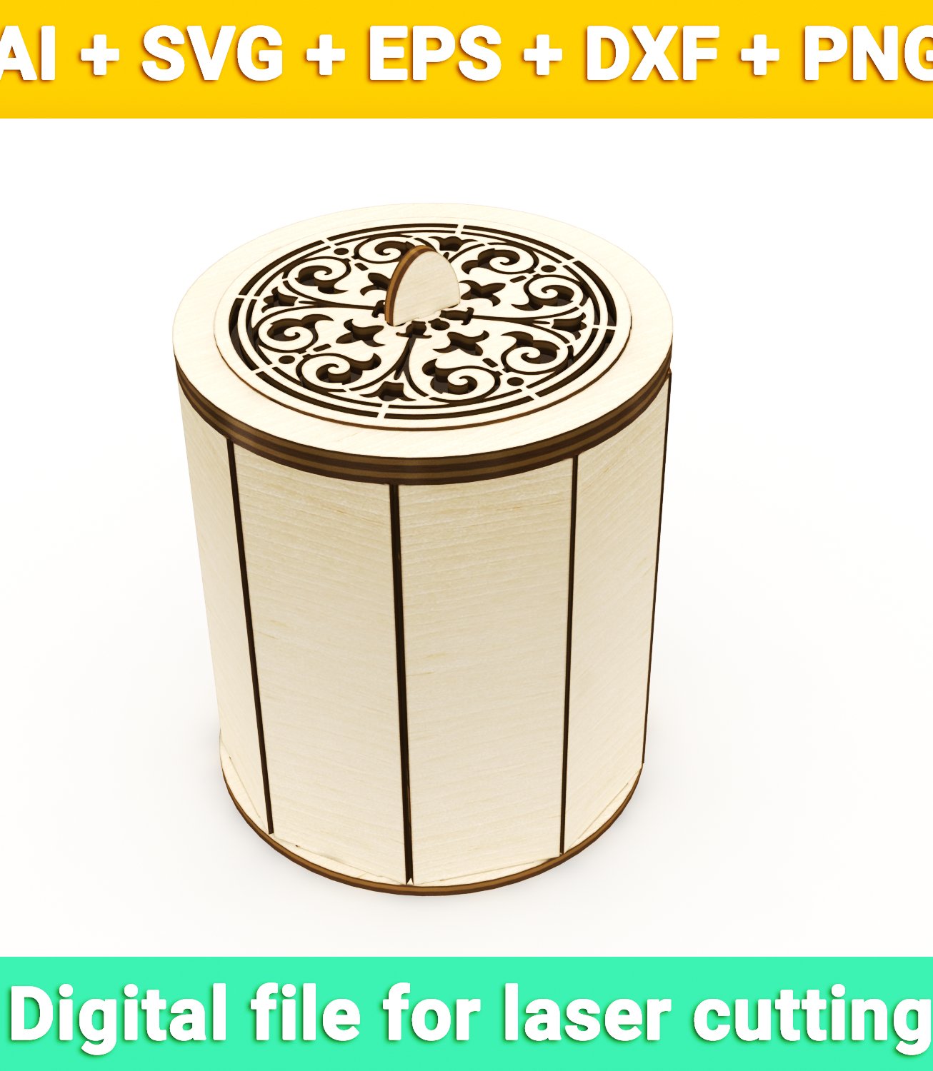 Round jewelry box with an ornament vector for CNC svg
