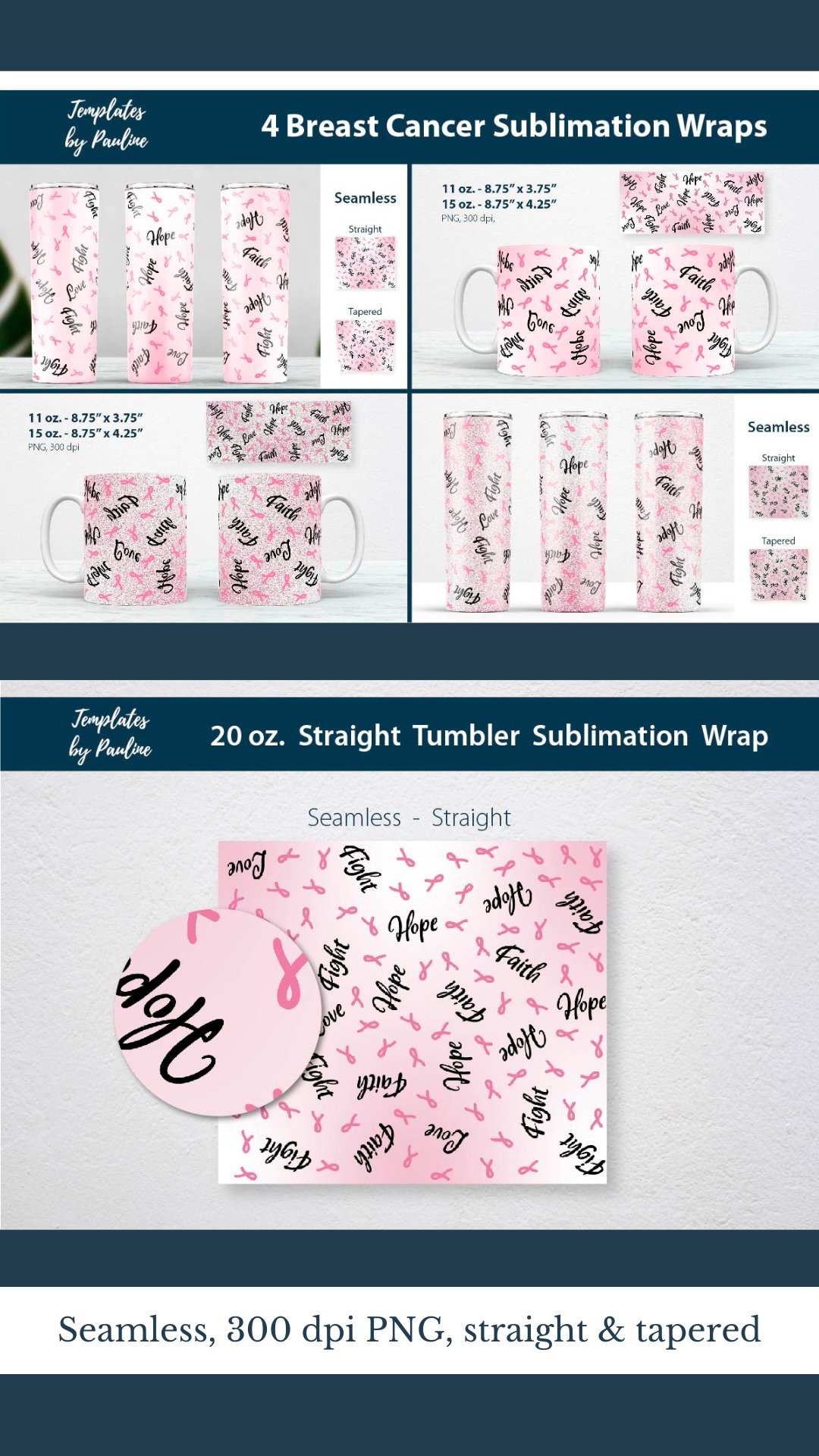 4 Breast Cancer Sublimation Wraps, Mug & Tumbler Designs PNG