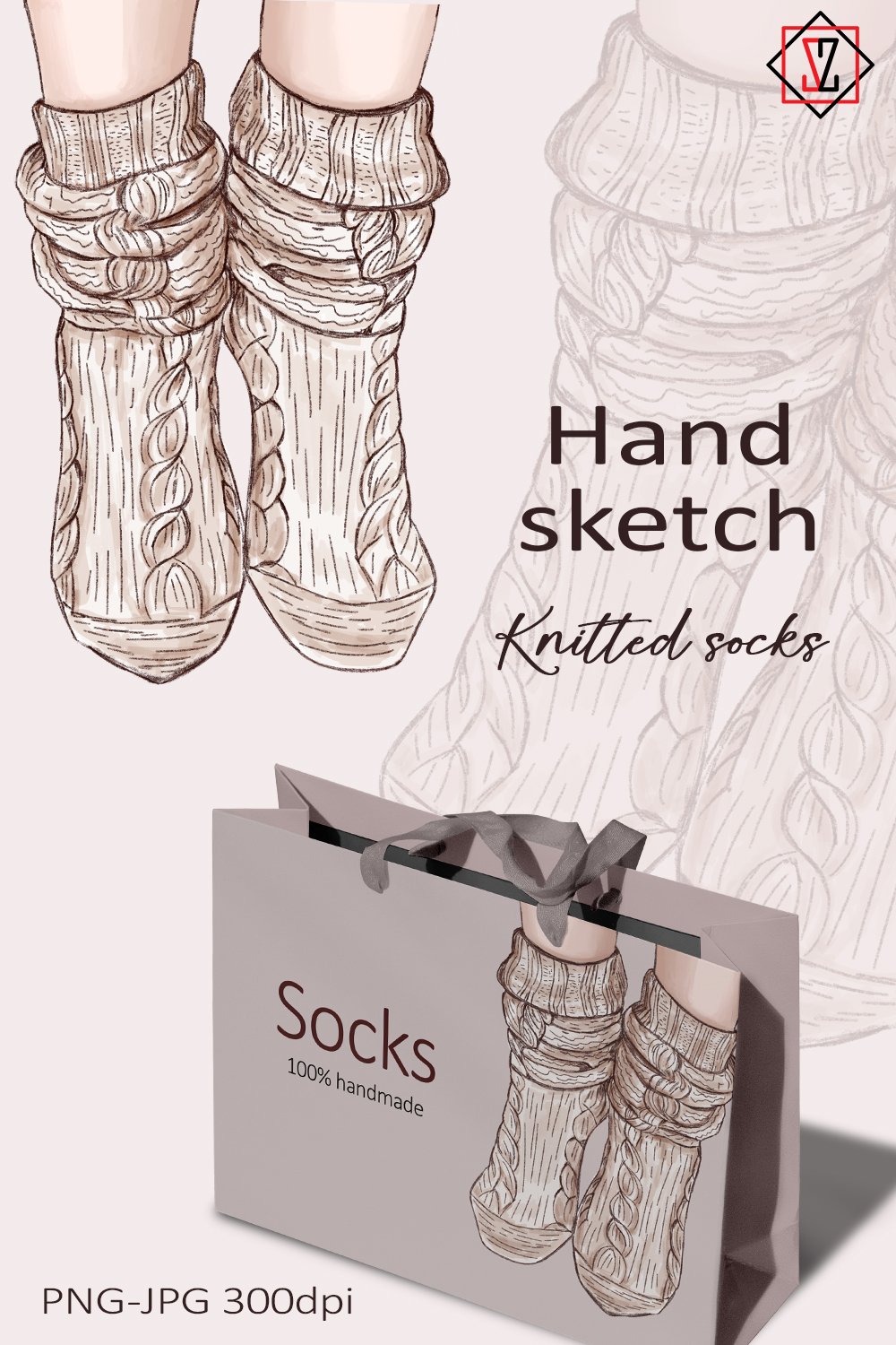 Hand sketch. Knitted socks