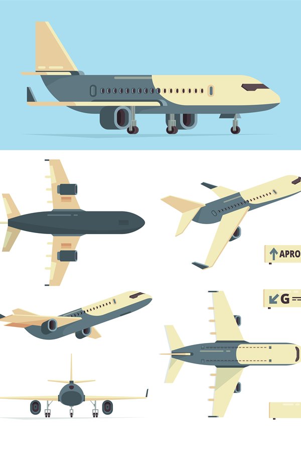Civil aviation plane. Model of different airplanes views air