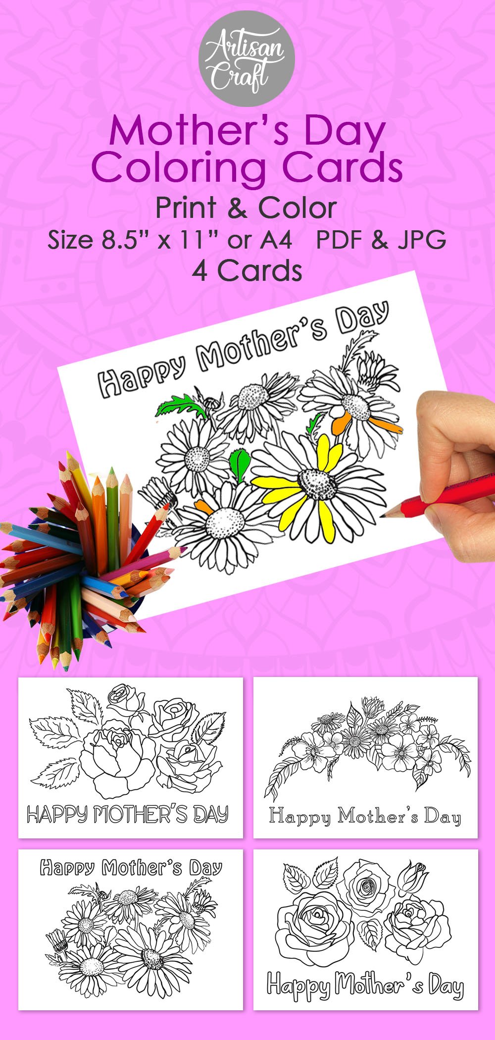Mothers day coloring card, Happy Mothers Day