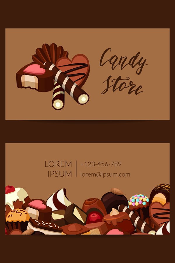Vector business card template with cartoon chocolate candies