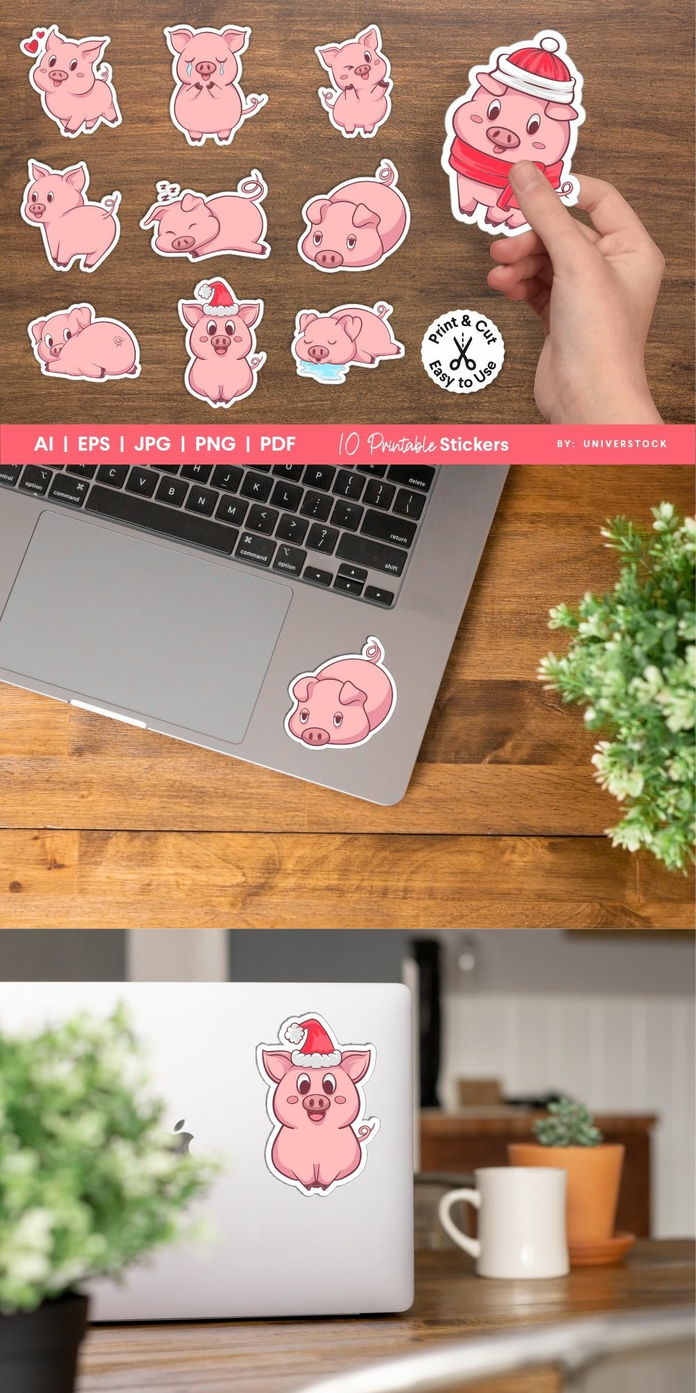 Cute Pig Printable Stickers, Baby Pig Sticker PNG.