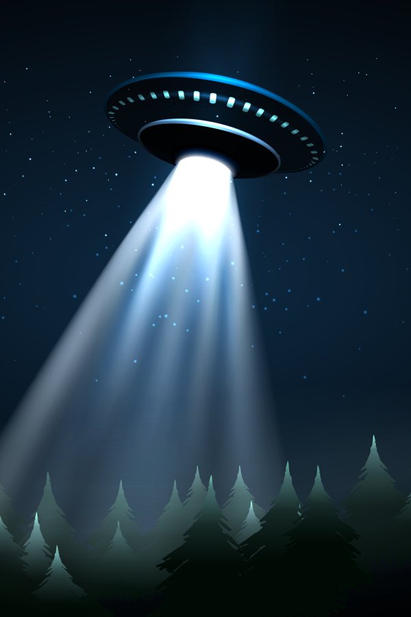 Flying UFO over night forest