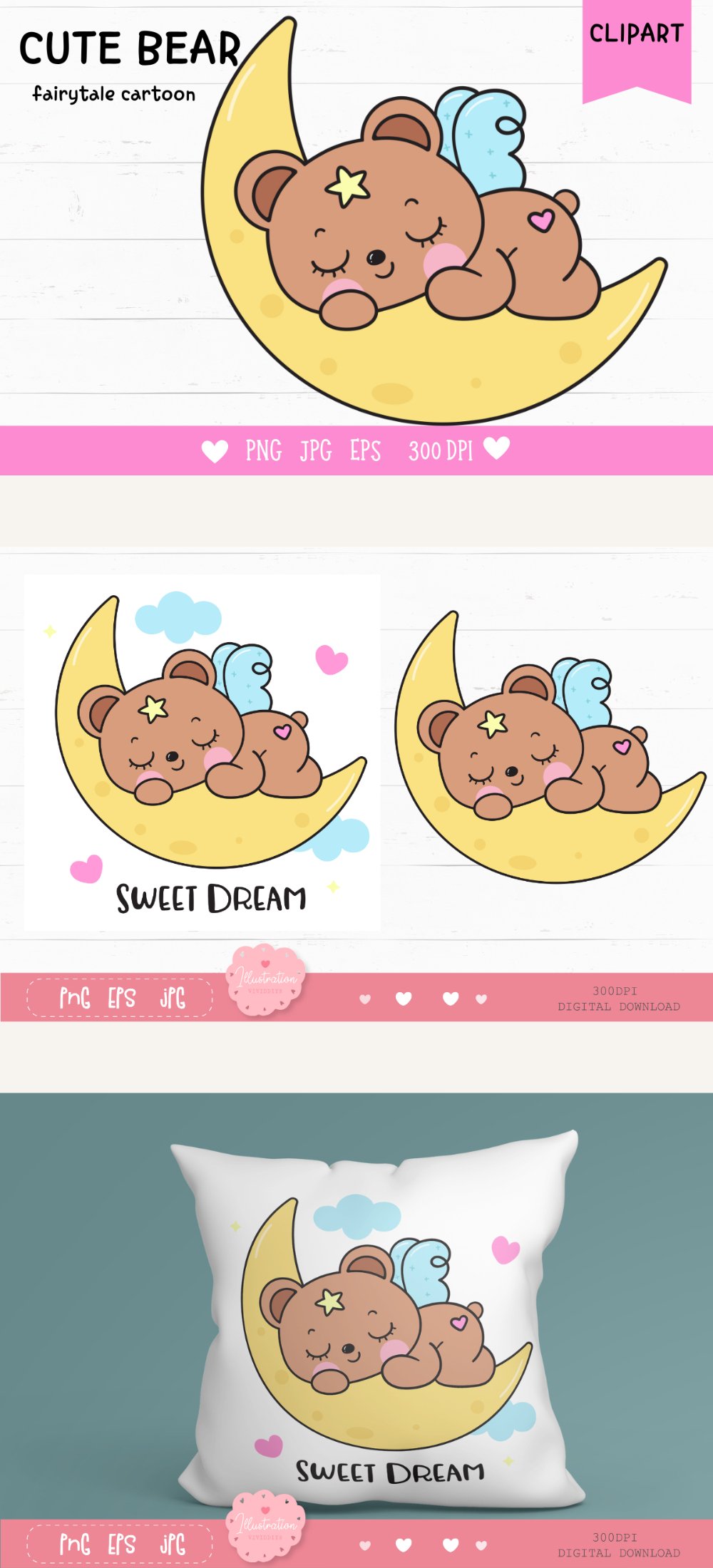 Cute teddy bear on moon with magic star sweet dream fairy