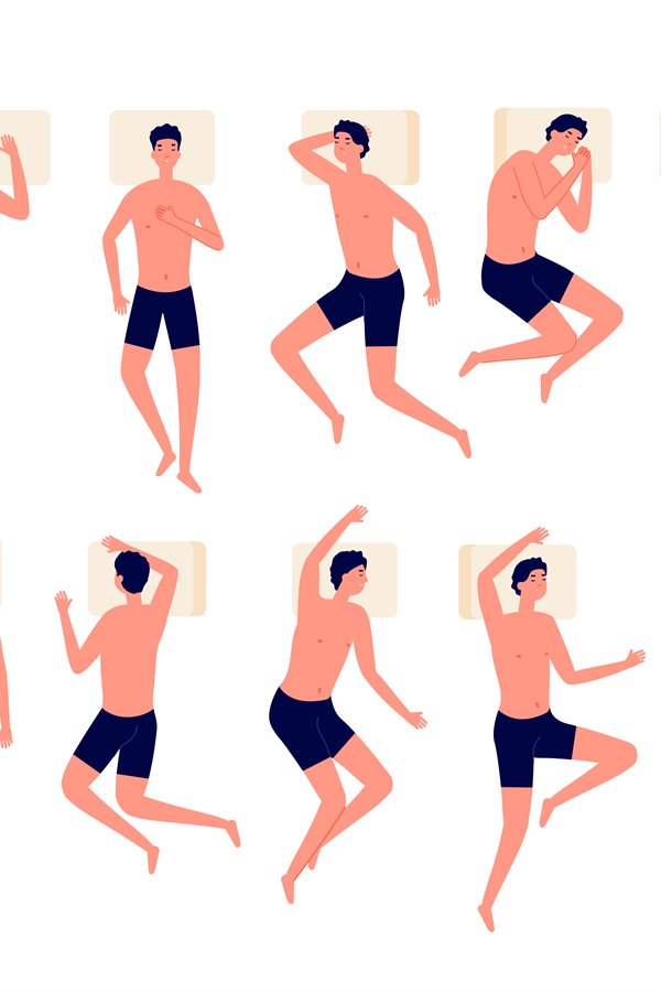 Man sleeping. Sleep position, young person on bed in differe