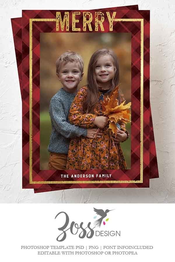 Merry Plaid Photoshop Christmas card template.