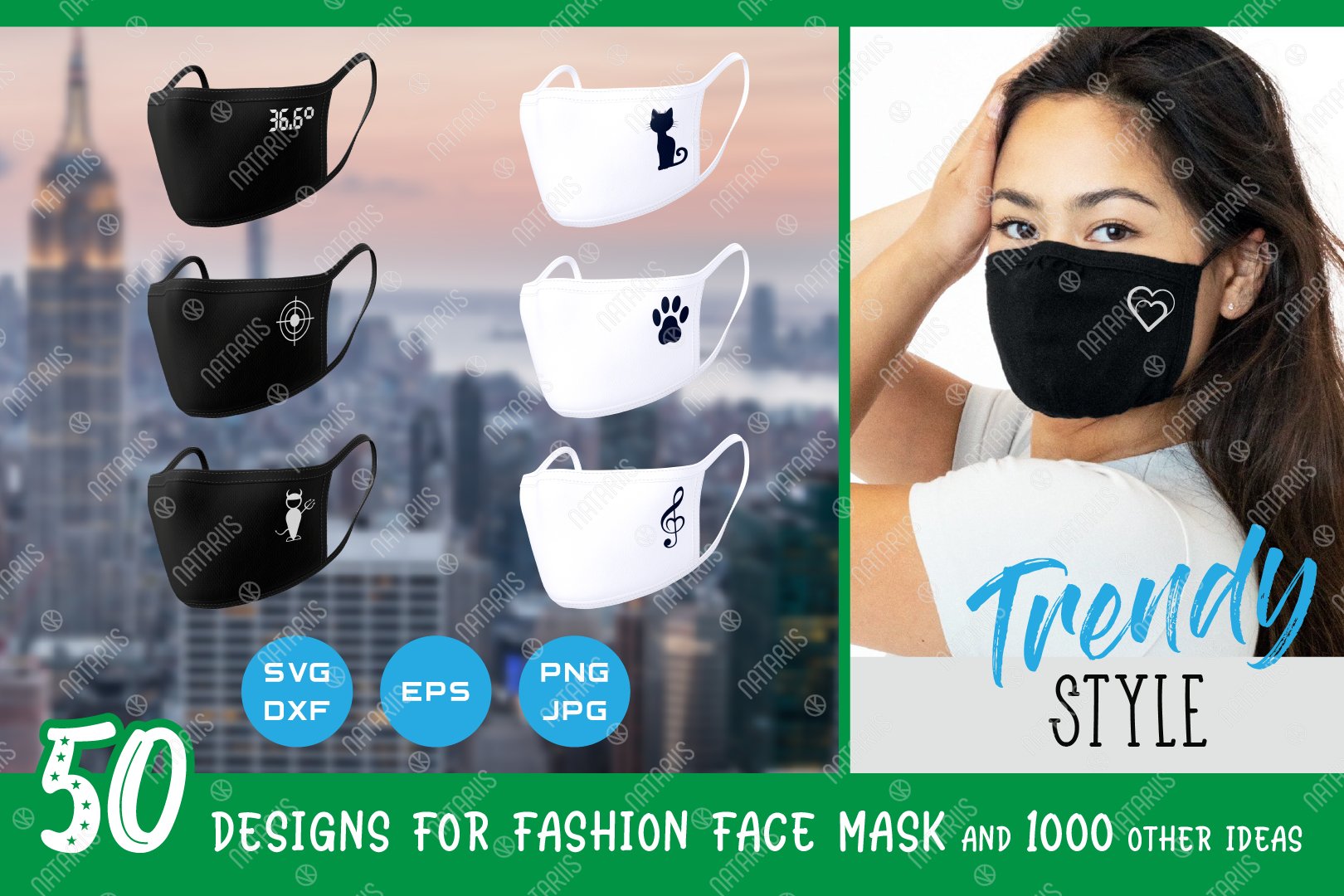 SVG Bundle. 50 Trendy designs for protective face mask.