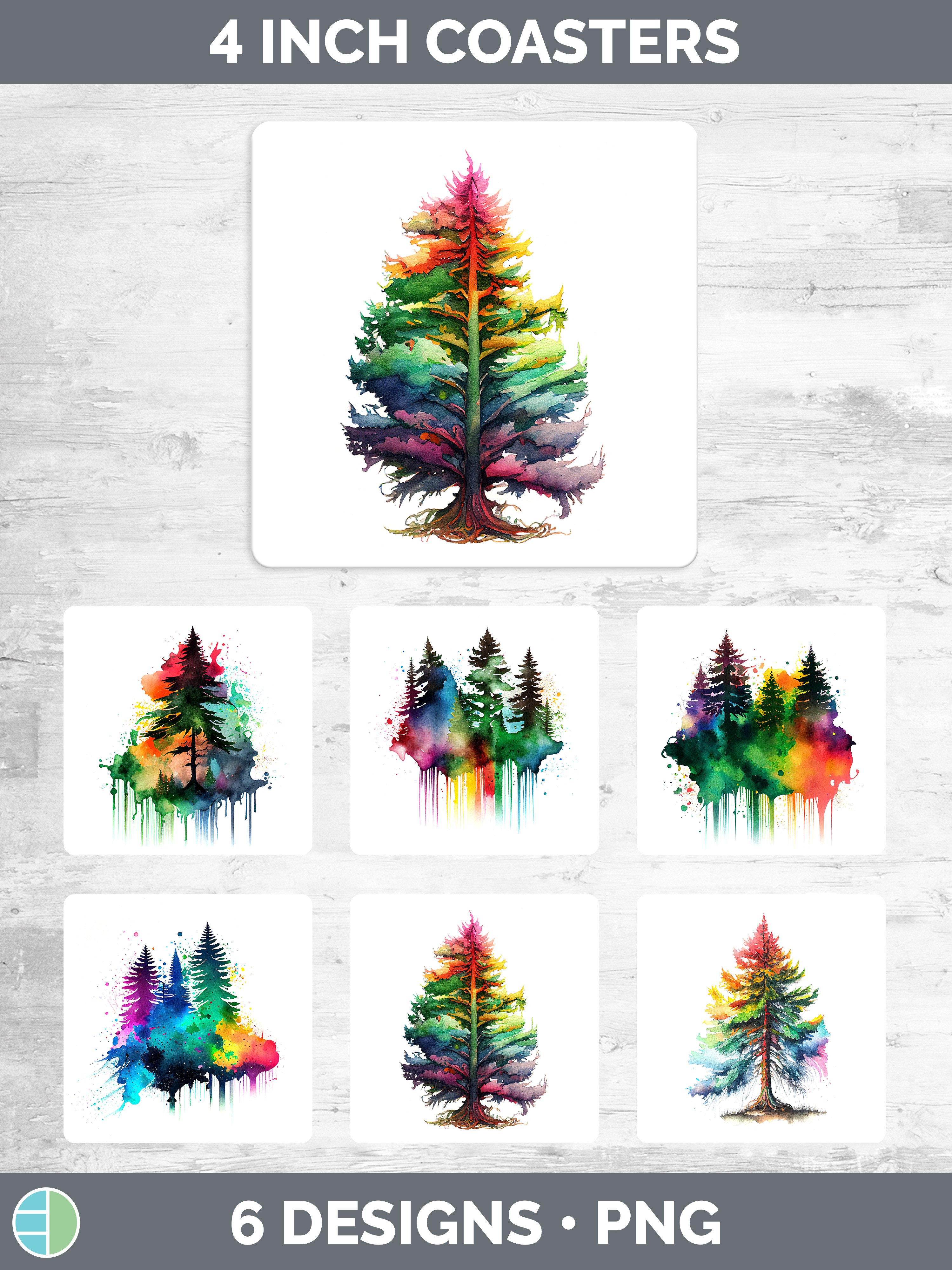 Rainbow Fir Trees Square Coaster | Sublimation Coaster Desig