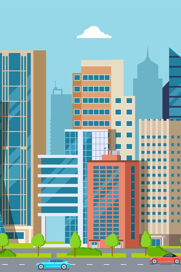Flat downtown. Skyscrapers, exterior of modern city building