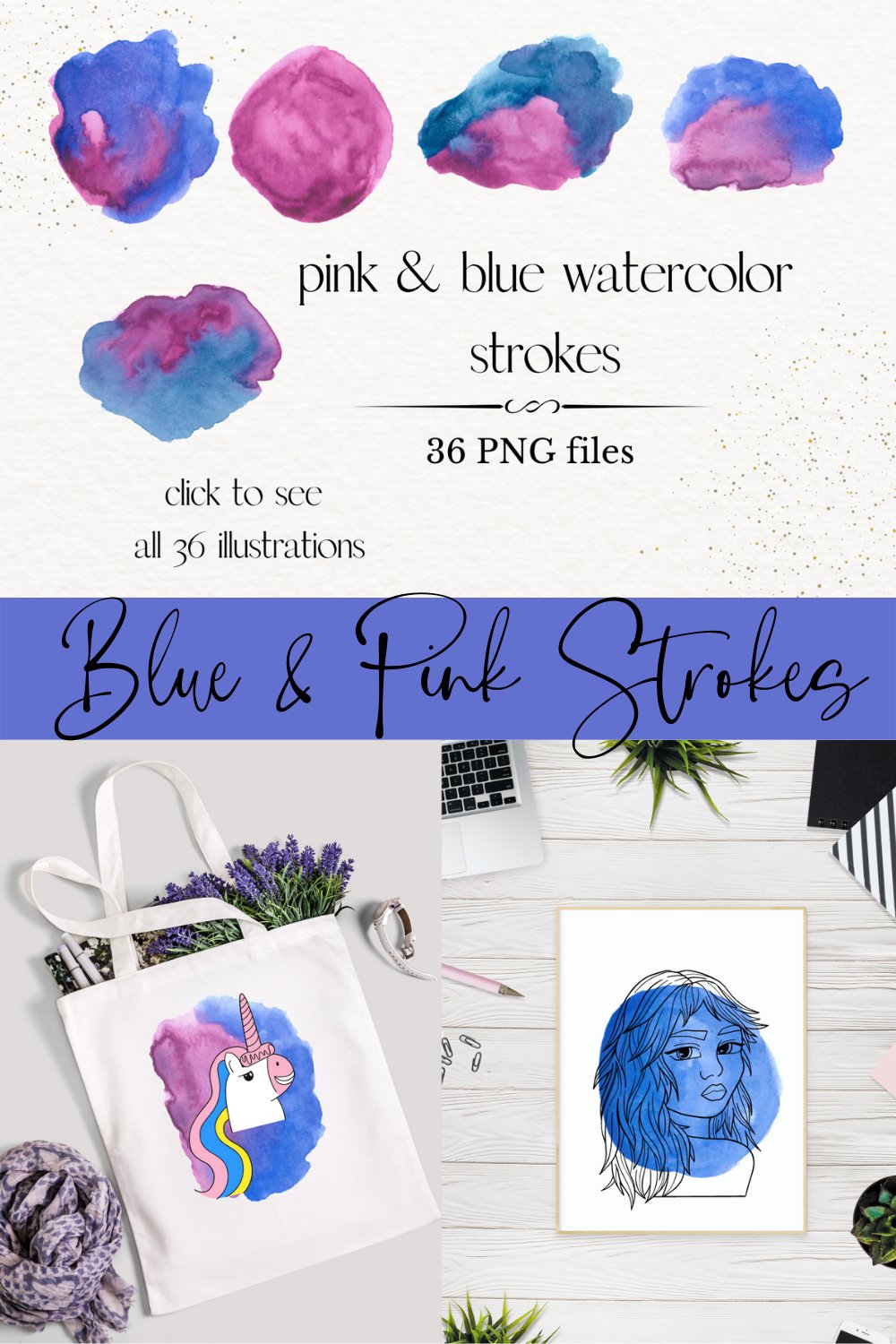 Pink and blue watercolor splash illustrations
