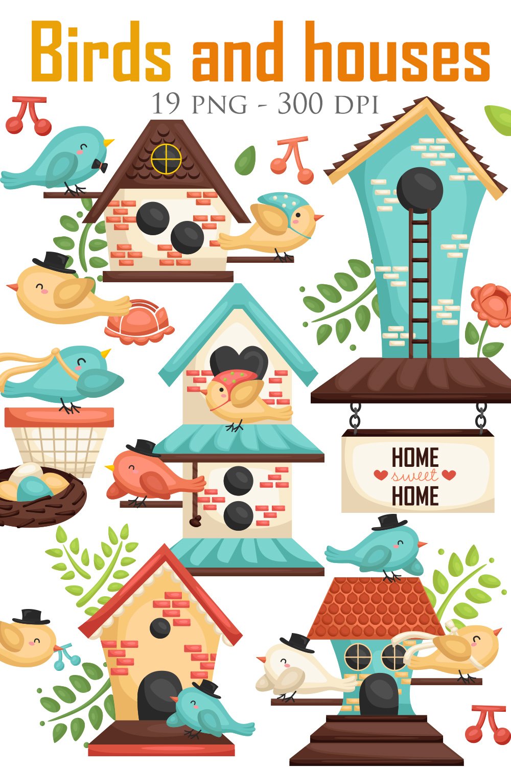 Colorful Animal Bird House Clipart Cartoon Sticker Decor