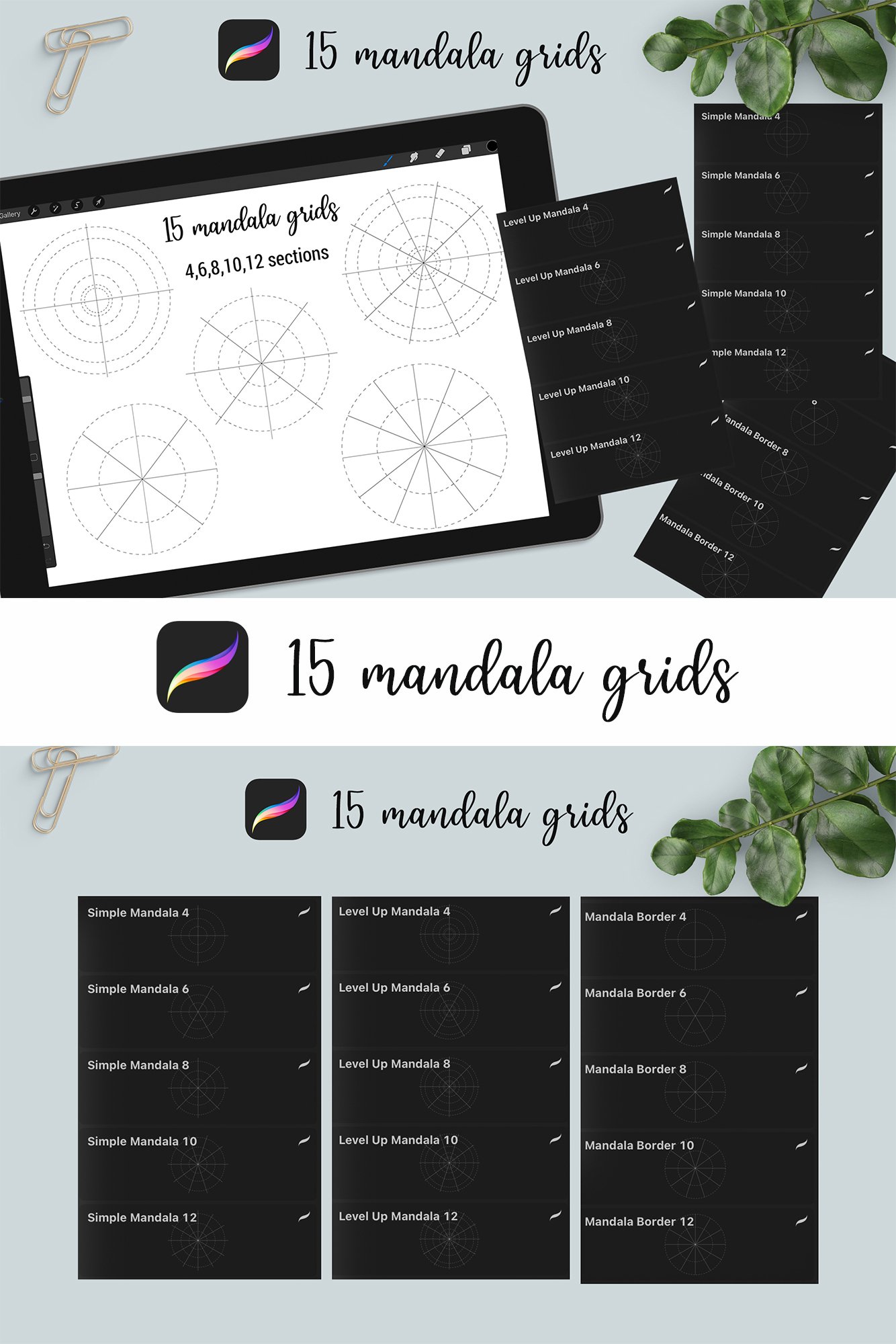 Procreate mandala grids | 15 mandala stamp brushes (1340393)