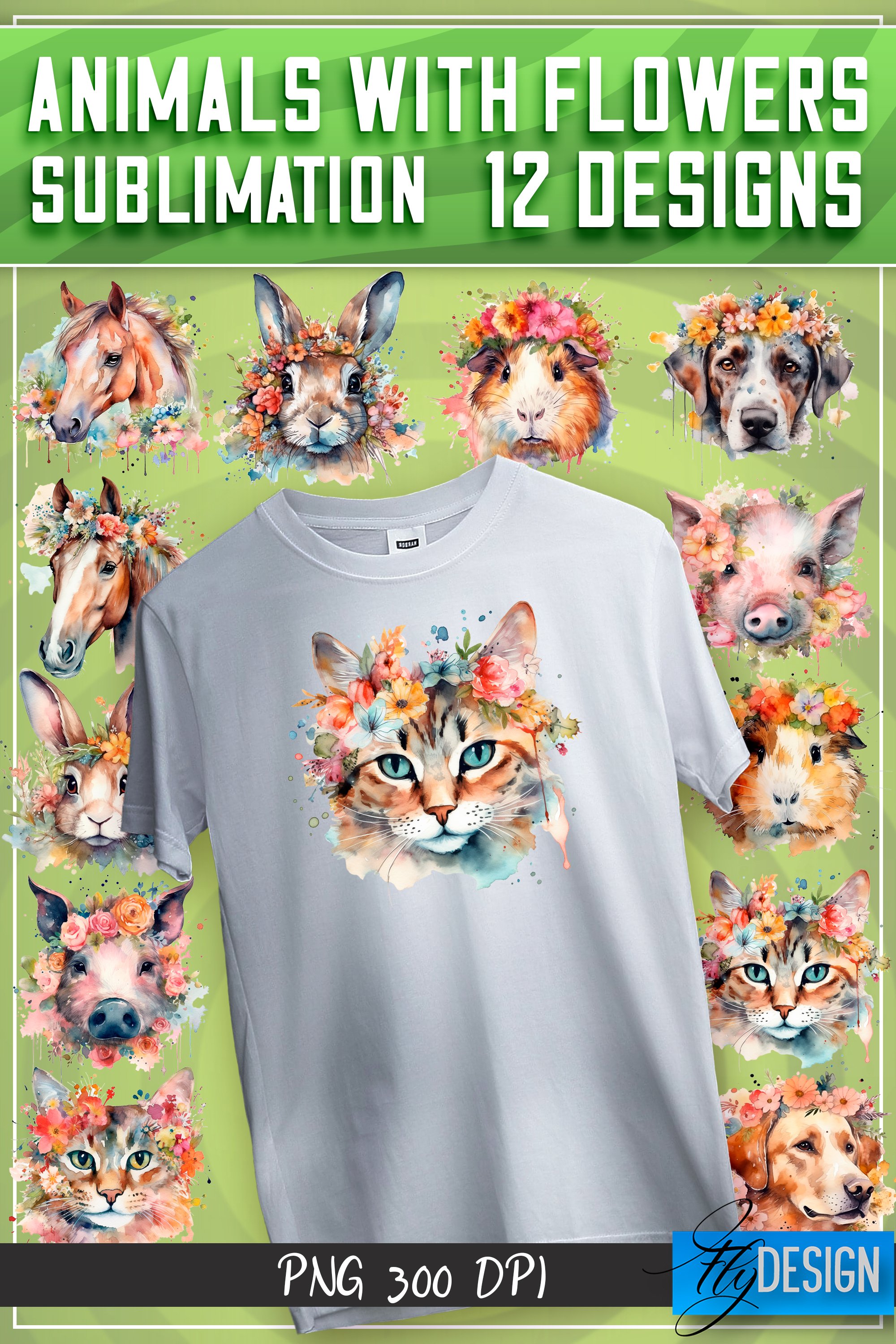 Animals with Flowers Sublimation Design|Animals (2984554)
