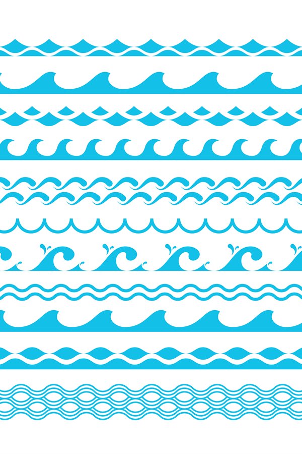 Vector decorative blue sea waves. Water marine symbols set