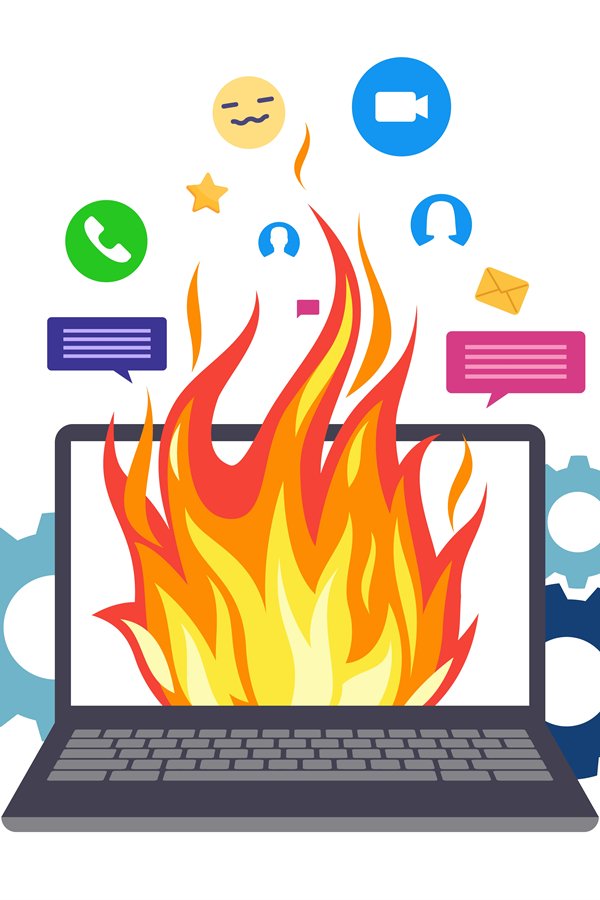 Overload. Burning computer. Cartoon laptop with flaming scre