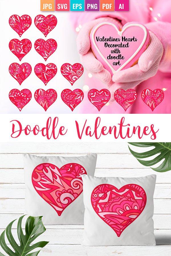 Valentine Hearts Decorated with Doodle art, sublimation file
