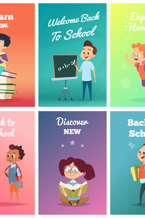 Cards with pupils. Design template of cards with school char