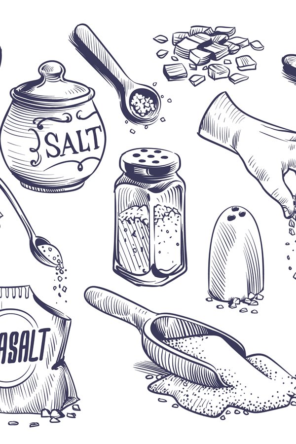 Hand drawn salt. Salting crystal, glass bottle with powder,