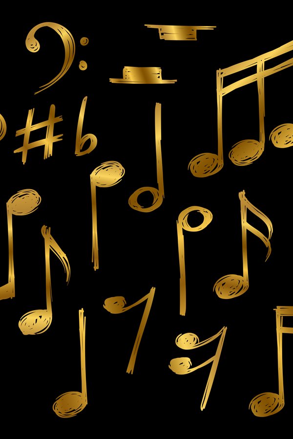 Golden music notes and signs isolated on black background