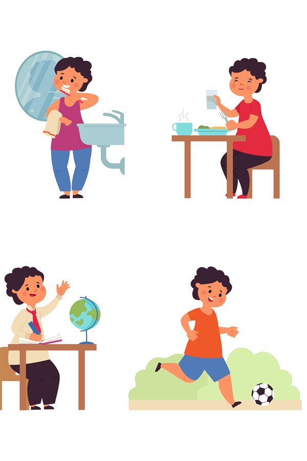 Boy daily activities. Activity child, day schedule young guy