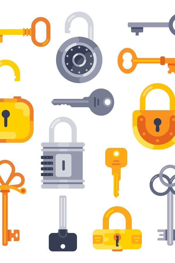 Lock with keys. Golden key, access padlock and closed safe p