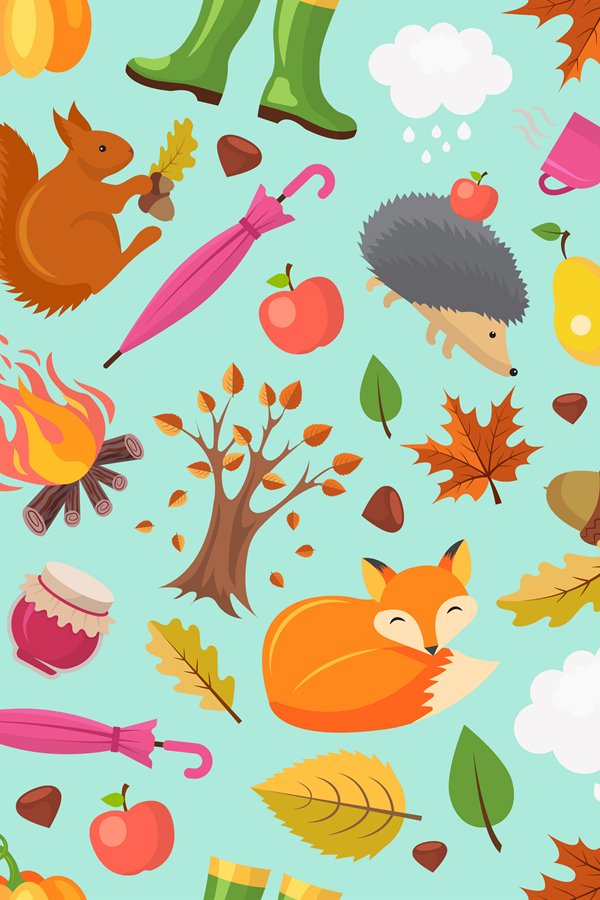Autumn animals pattern. Forest fall cute fox hedgehog and or