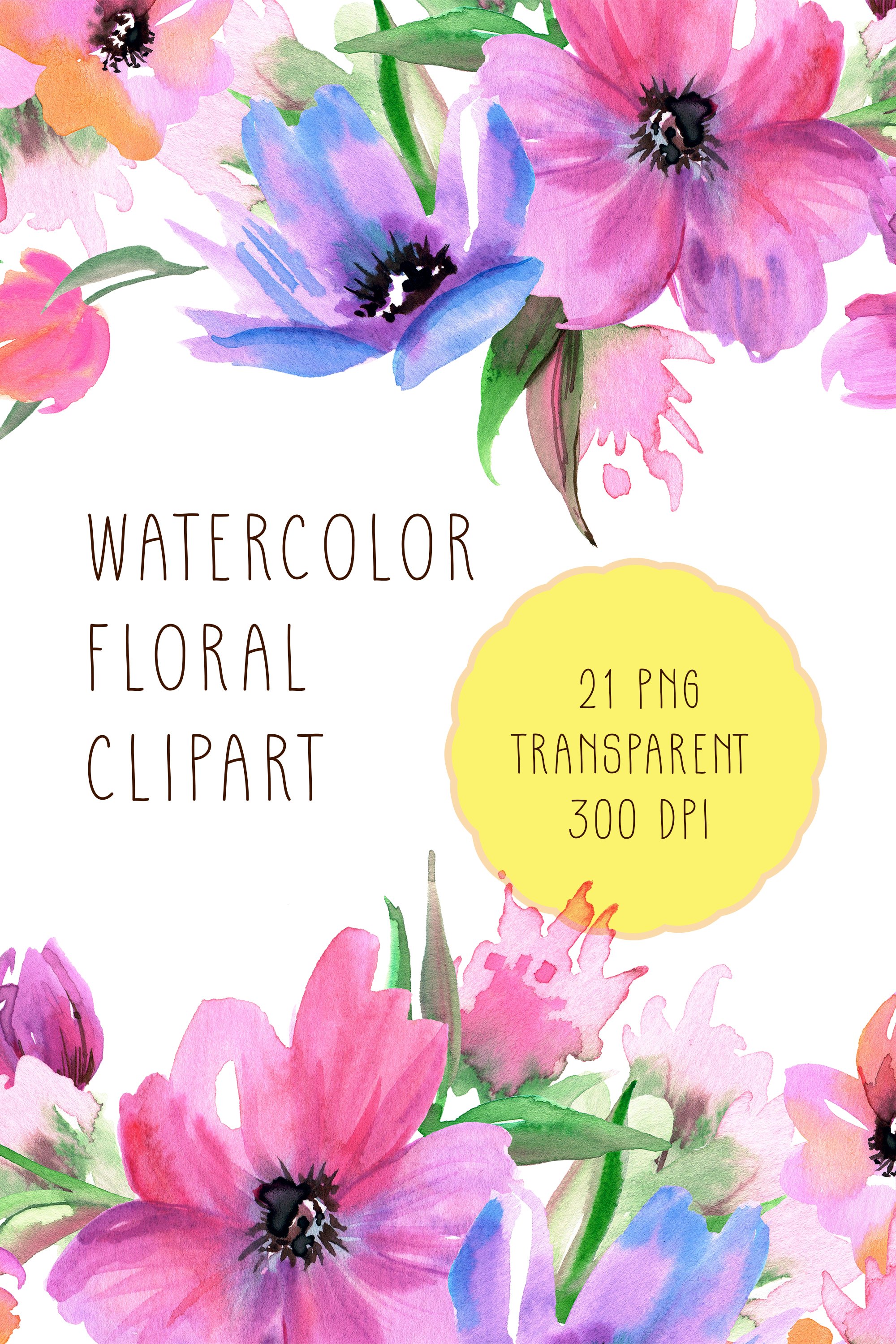 Pink and Blue Flowers. Watercolor Digital Clipart, PNG.