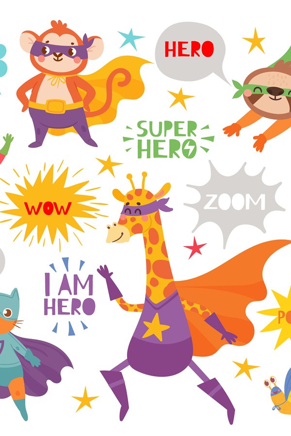 Superhero animals. Cute hero animals with capes and playful