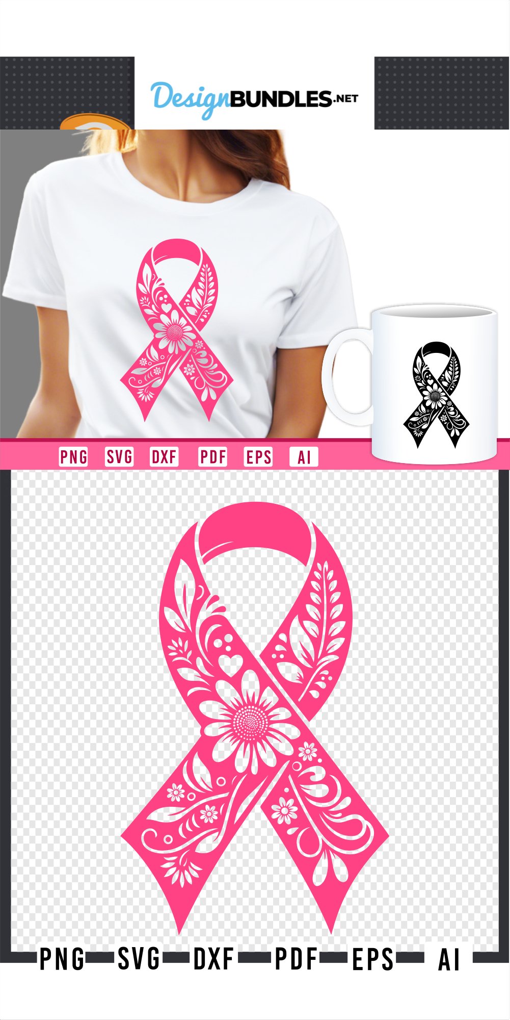 Flower Cancer Awareness Ribbon SVG, breast cancer SVGS