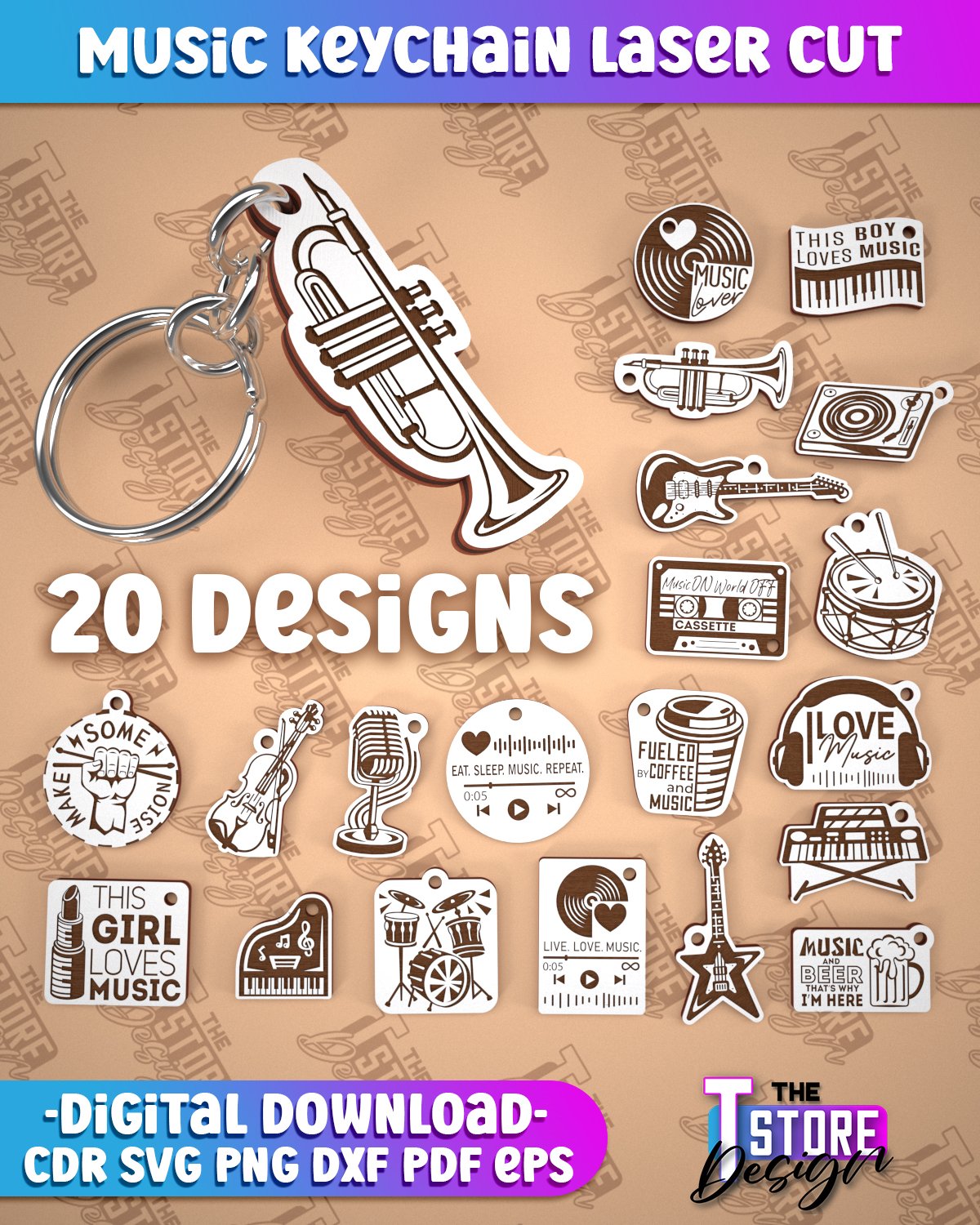 Music Keychains Laser Cut|Music Keyring SVG Bundle|CNC Files