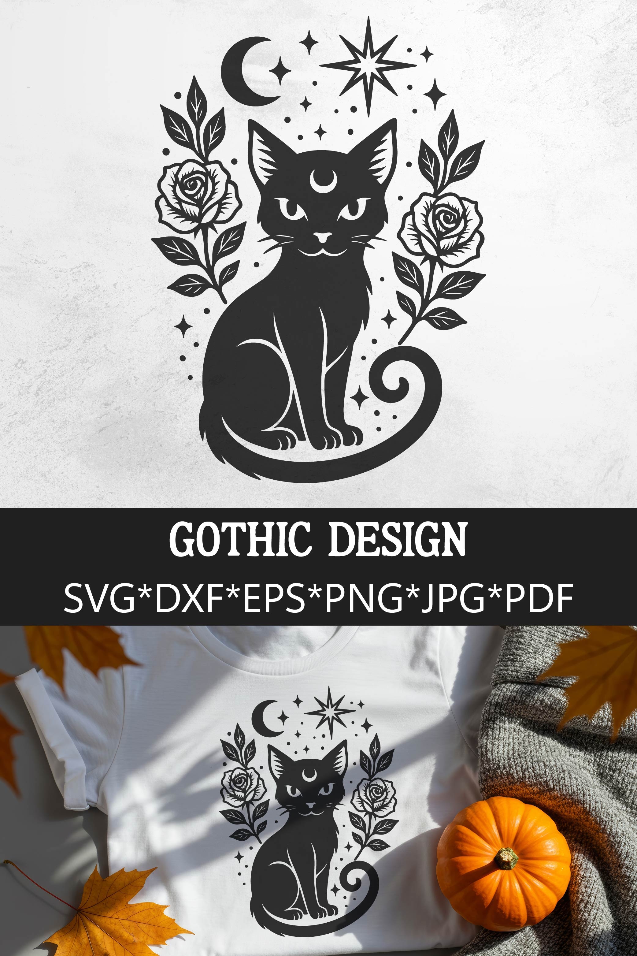 Gothic Black Cat SVG | Witch Cat with Moon Silhouette PNG