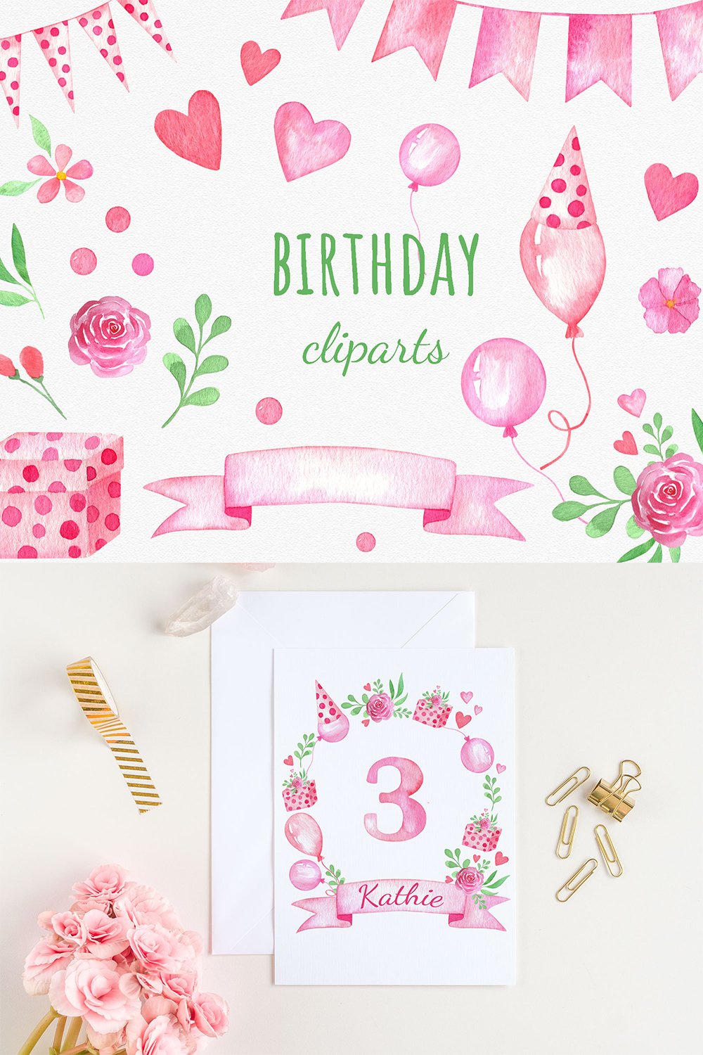 Watercolor birthday cliparts set, pink anniversary (558012)