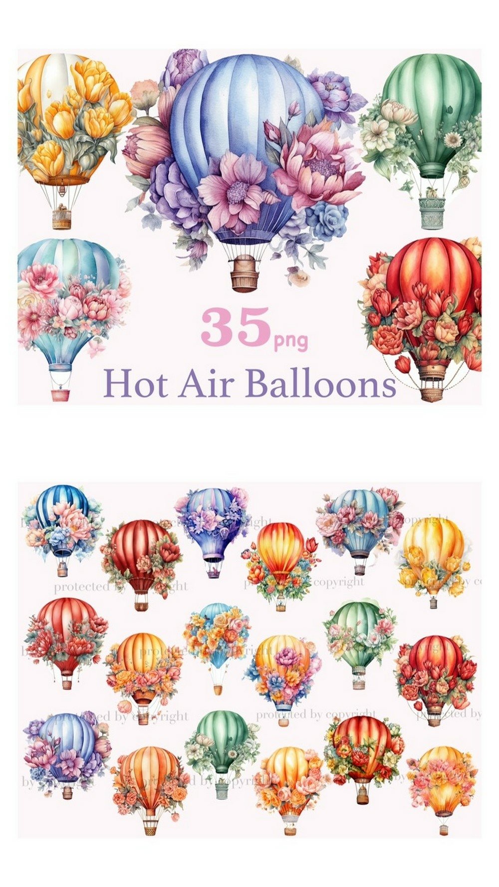 Floral Hot Air Balloons Clipart | Nursery Illustration Set