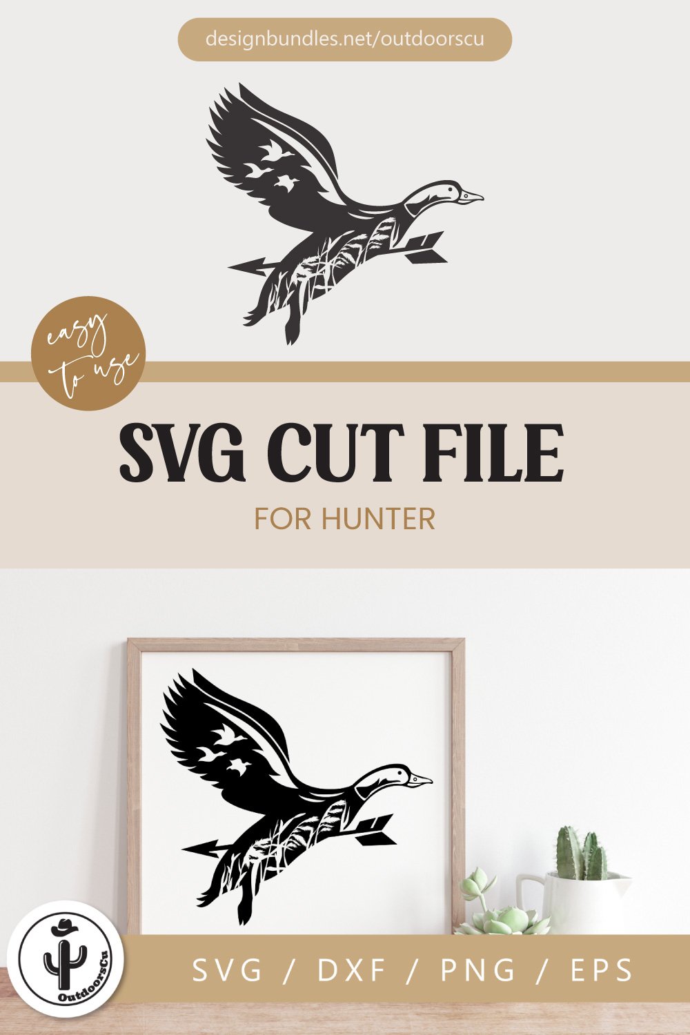 Flying duck with reeds silhouette shot by arrow SVG Cut File
