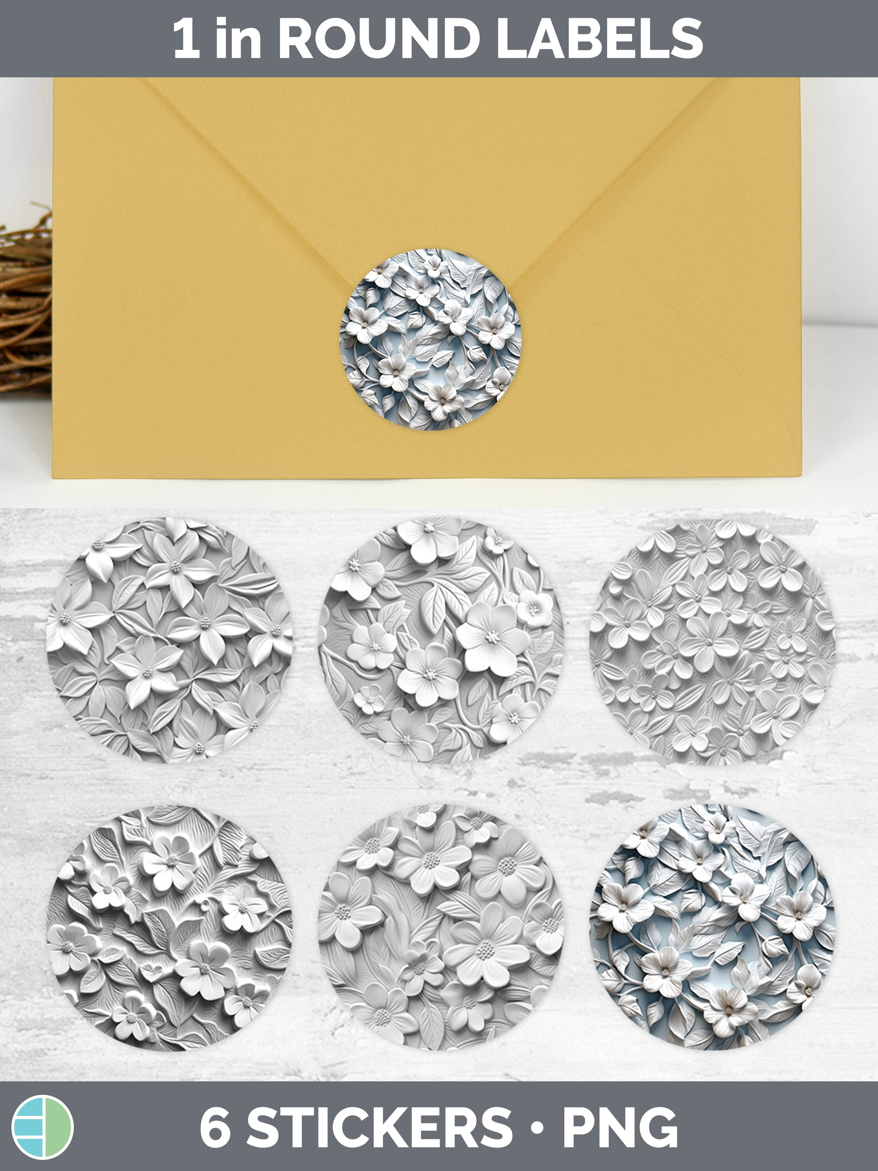 3D White Periwinkle Flowers Stickers | Round Labels Designs