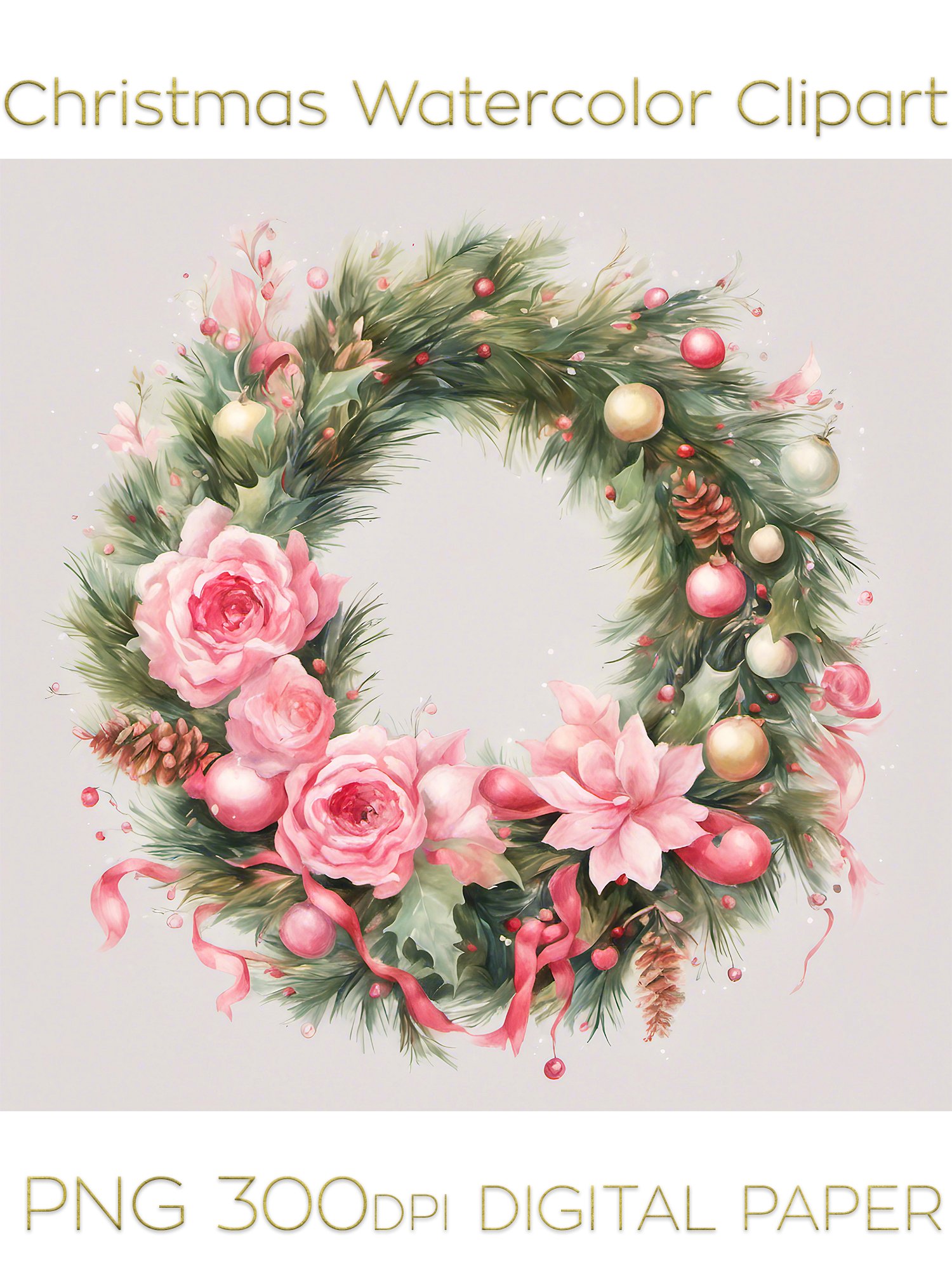 Vintage Pink Floral Wreath Watercolor Botanical Illustration