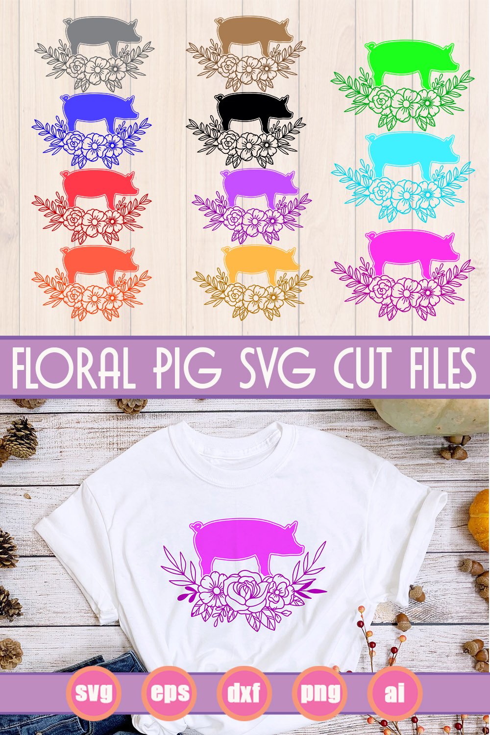 Floral Pig Svg Cut File, Pig Svg Vector, Pig Png