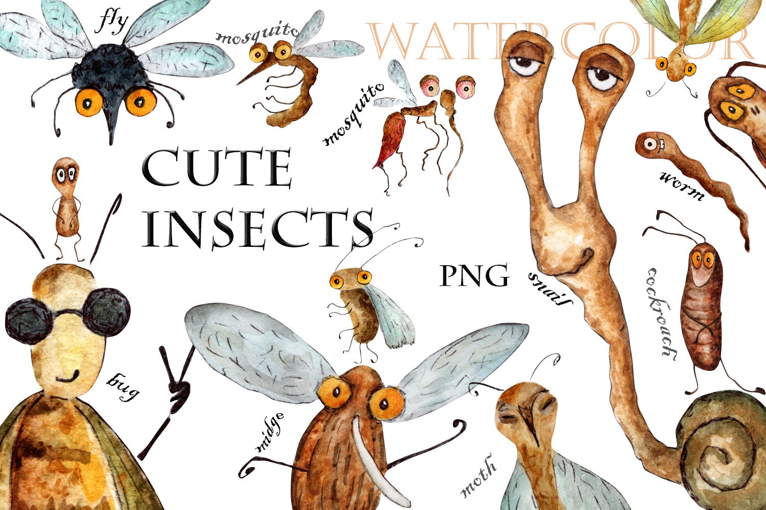 Watercolor drawings of cute insects