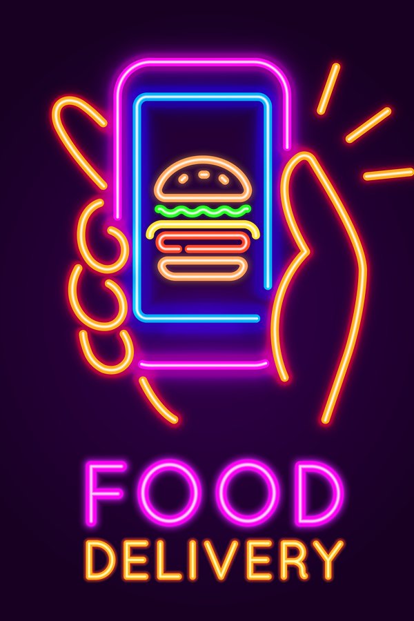 Food delivery neon sign. Glowing banner with hand holding sm