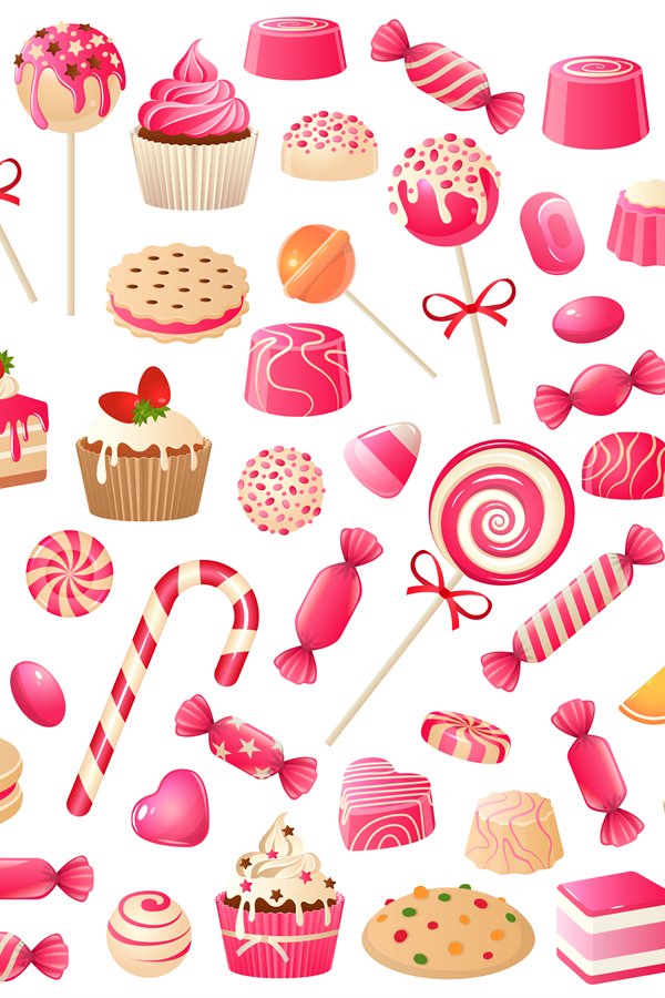 Candy set. Sweet desserts chocolate candies, marshmallow and