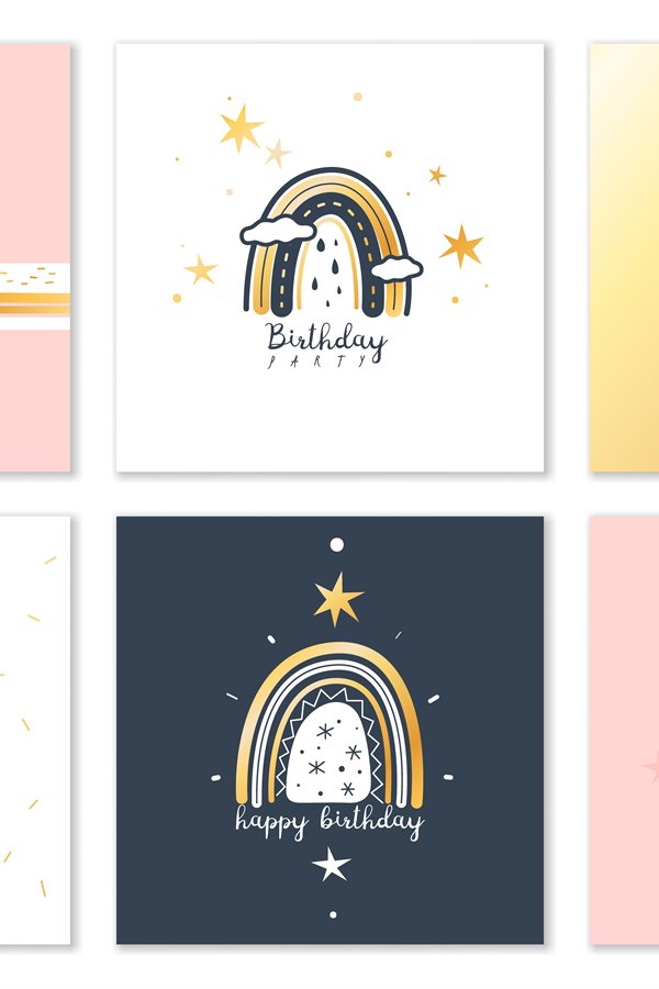 Boho rainbows cards. Cute modern rainbow square golden greet