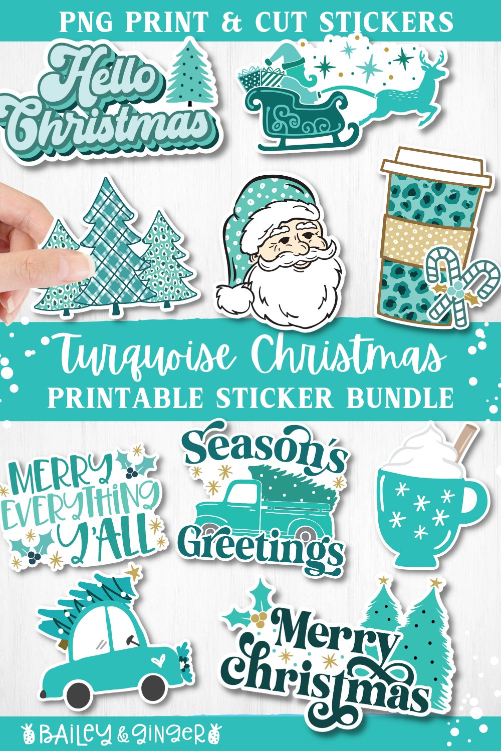 Printable Turquoise Christmas Print and Cut PNG Stickers